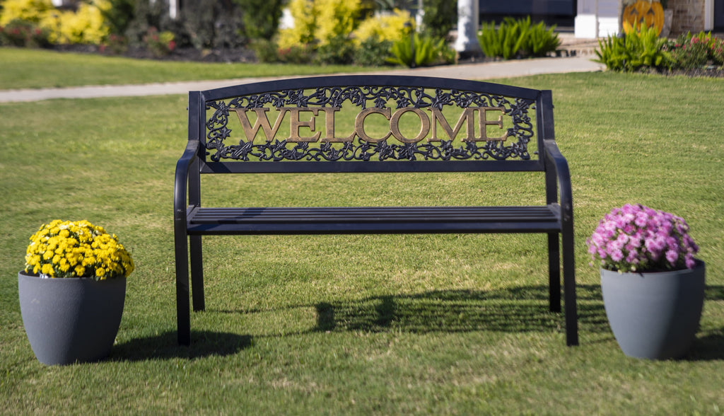 Black & Gold Welcome Metal Bench – Leigh Country
