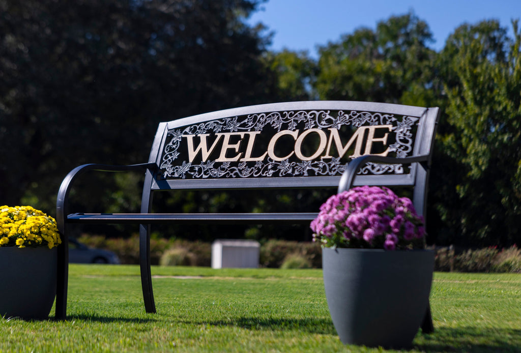 Black & Gold Welcome Metal Bench – Leigh Country