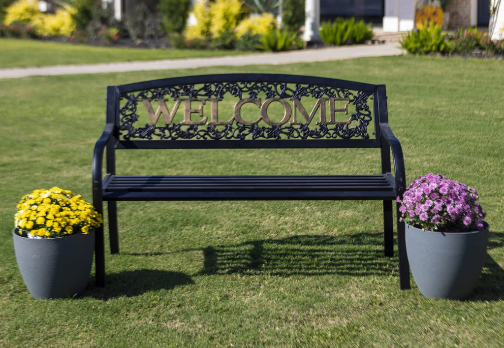 Black & Gold Welcome Metal Bench – Leigh Country